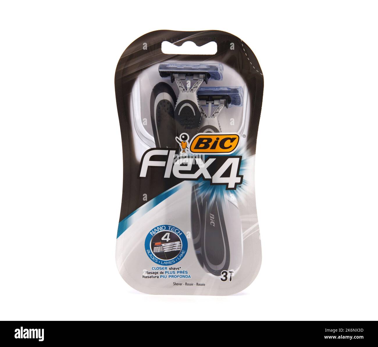 BUCHAREST, ROMANIA - NOVEMBER 14, 2019. Package of BIC Flex 4 for men ...