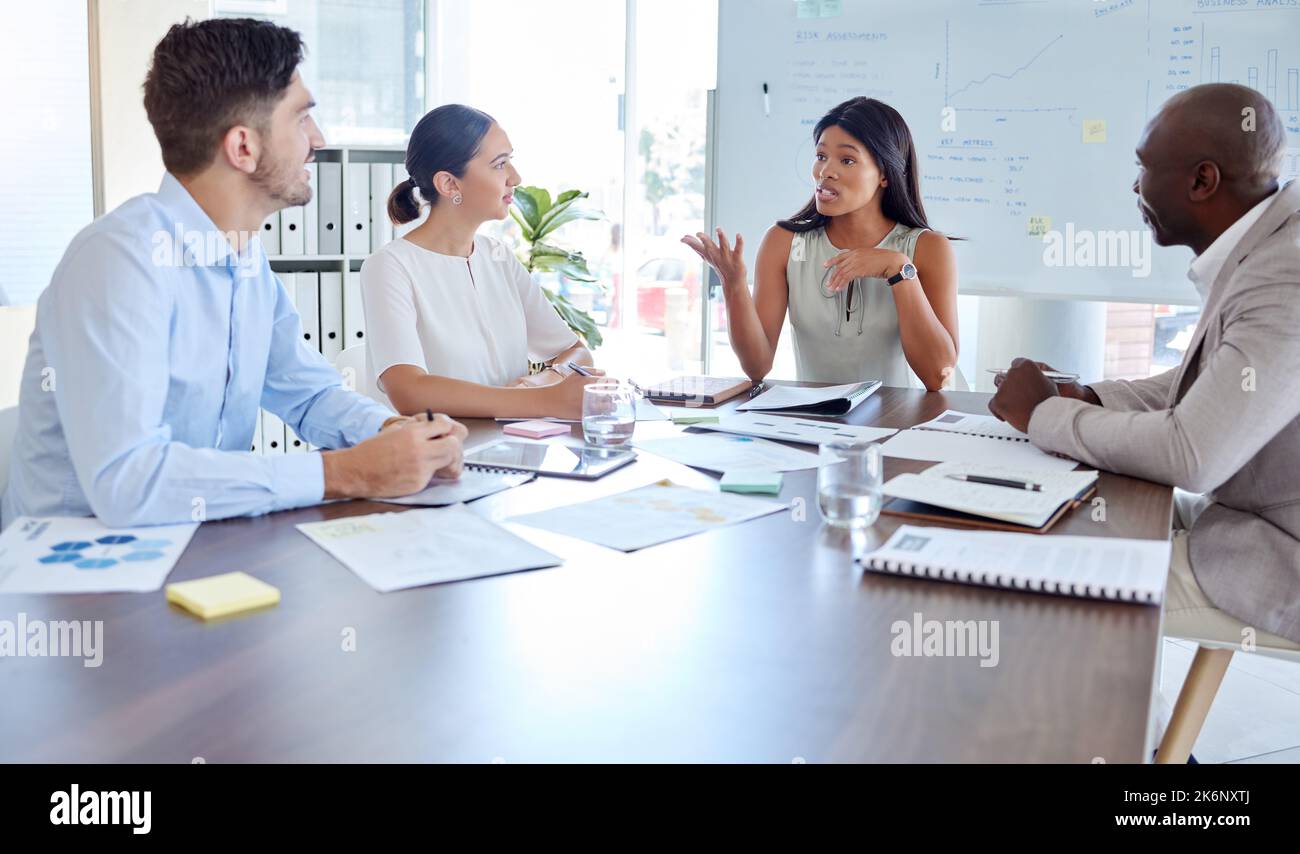 Business woman leadership, conversation and collaboration, economy ...