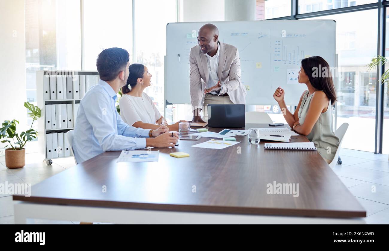 Ceo, happy and business people in meeting for goals, success and ...