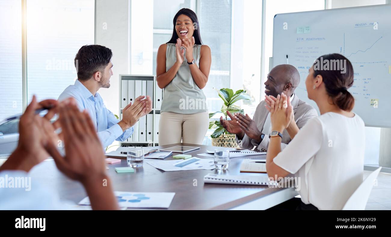 Presentation, teamwork or diversity team applause at meeting success ...