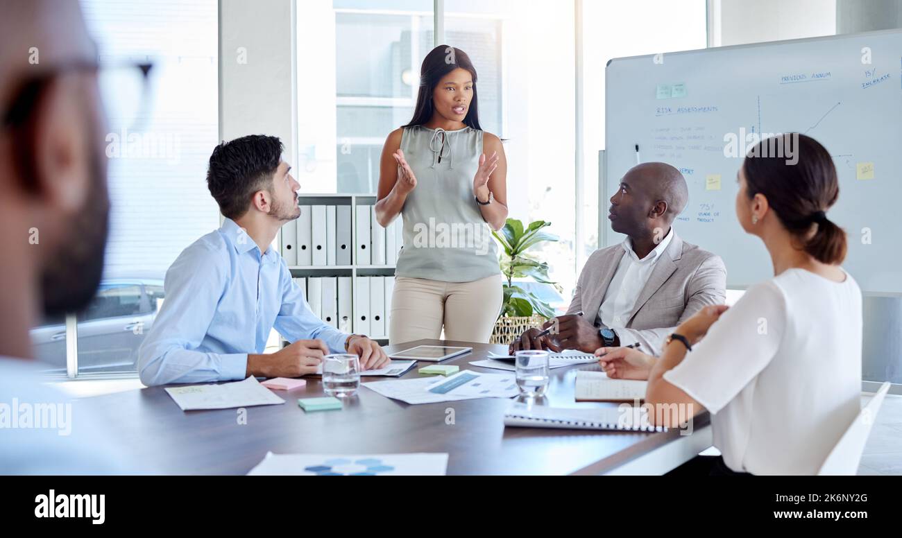 Black woman, leader and presentation, business meeting and leadership ...