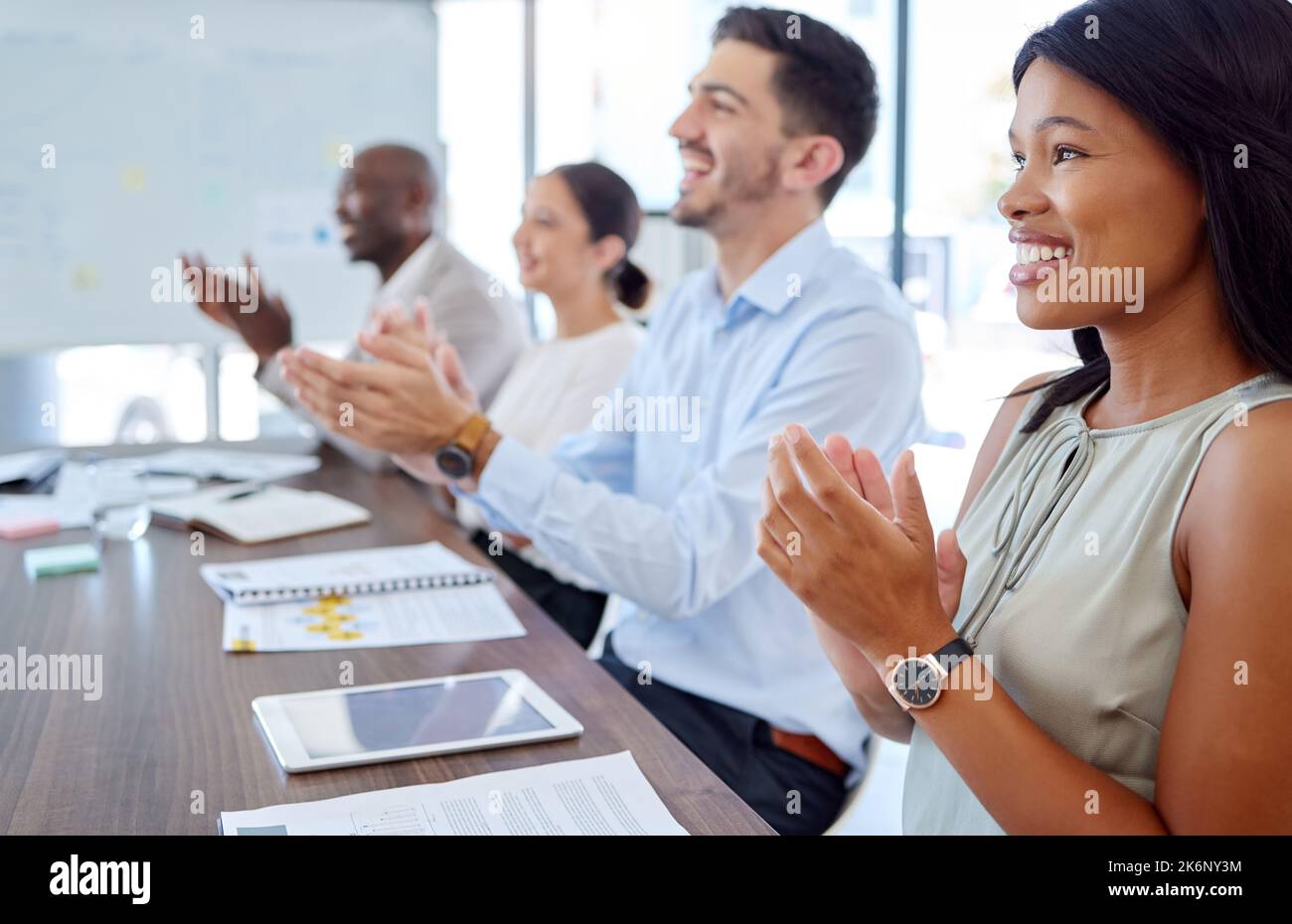 Success, applause and goals with business people in meeting with idea for support, motivation ...