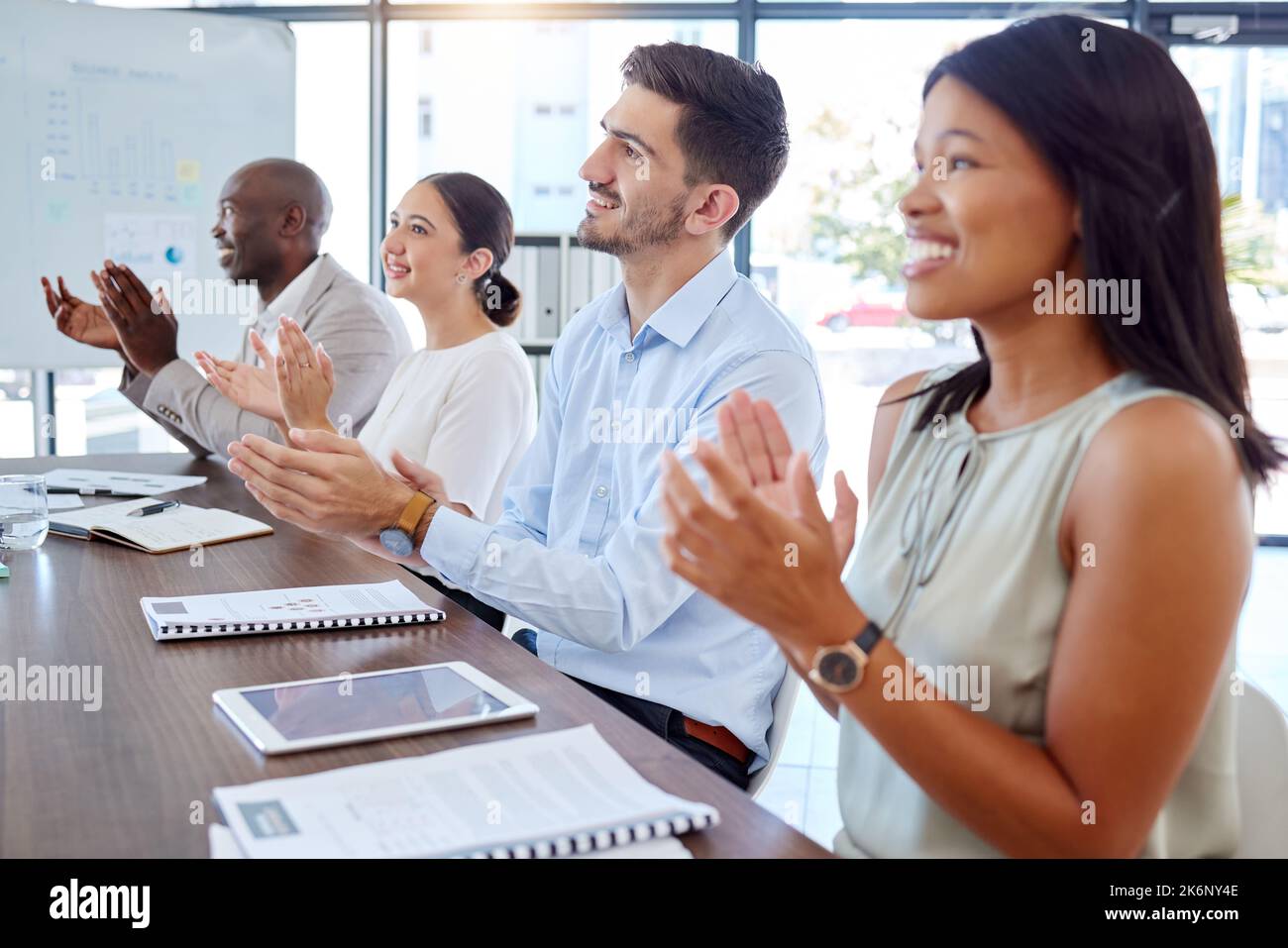 Applause, success and team in meeting with celebration, support and happiness for winning. Clap ...