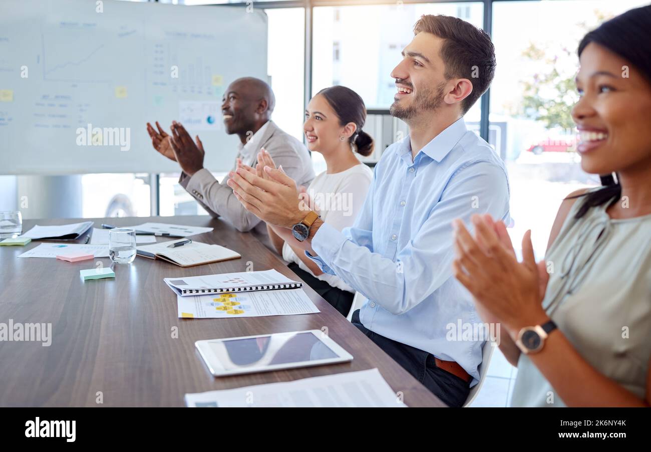 Team presentation success, company applause or happy workers with ...