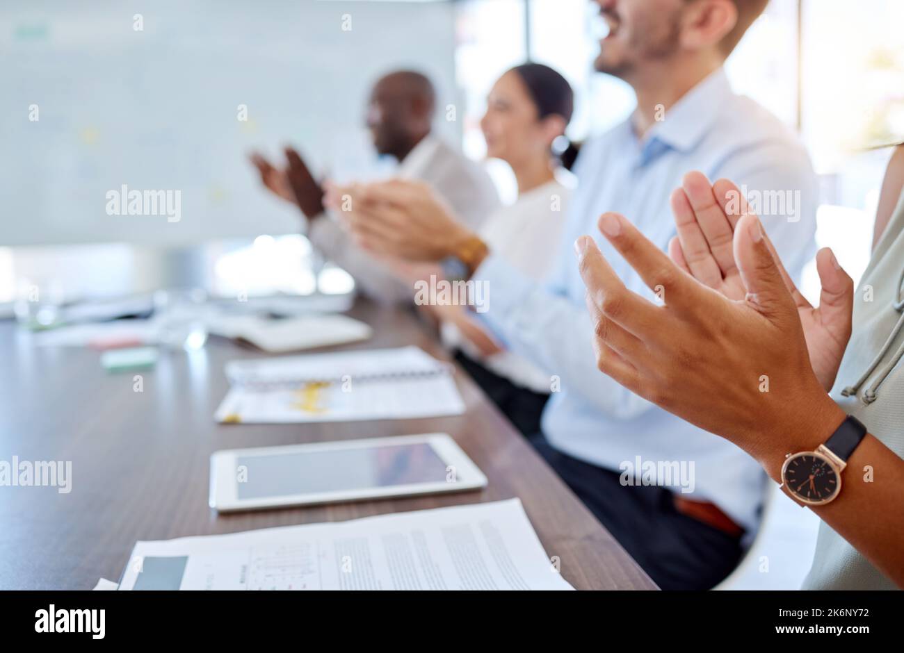 Teamwork training, hands and applause team in presentation, business meeting or office workshop ...