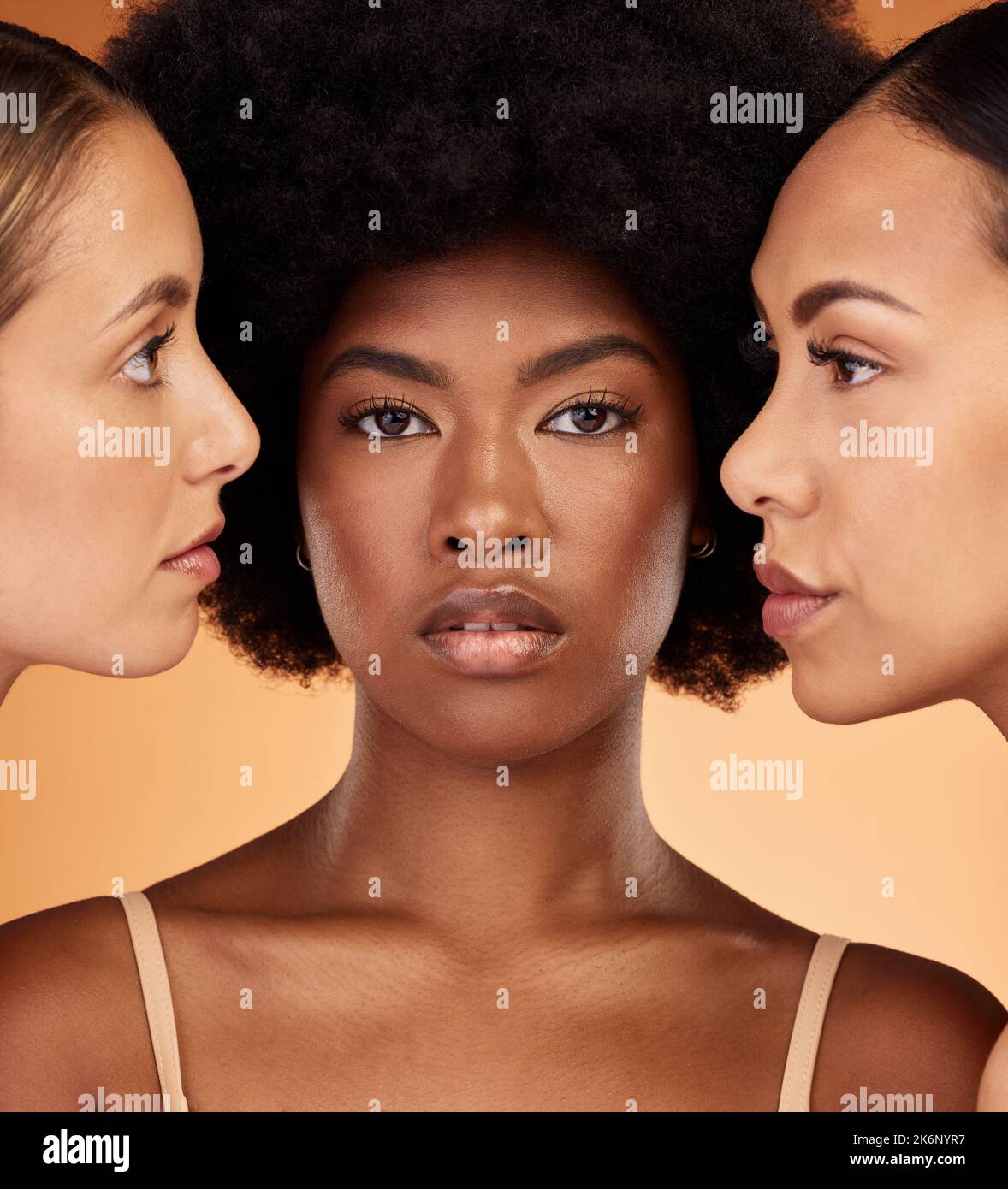 Beauty, diversity and skincare with model woman friends in studio on a ...