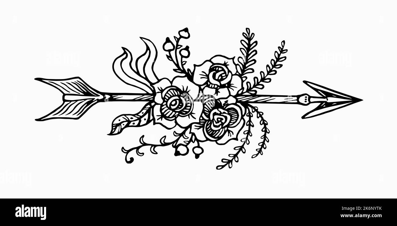 Arrow with flowers, twigs with leaves, feathers, simple doodle drawing ...