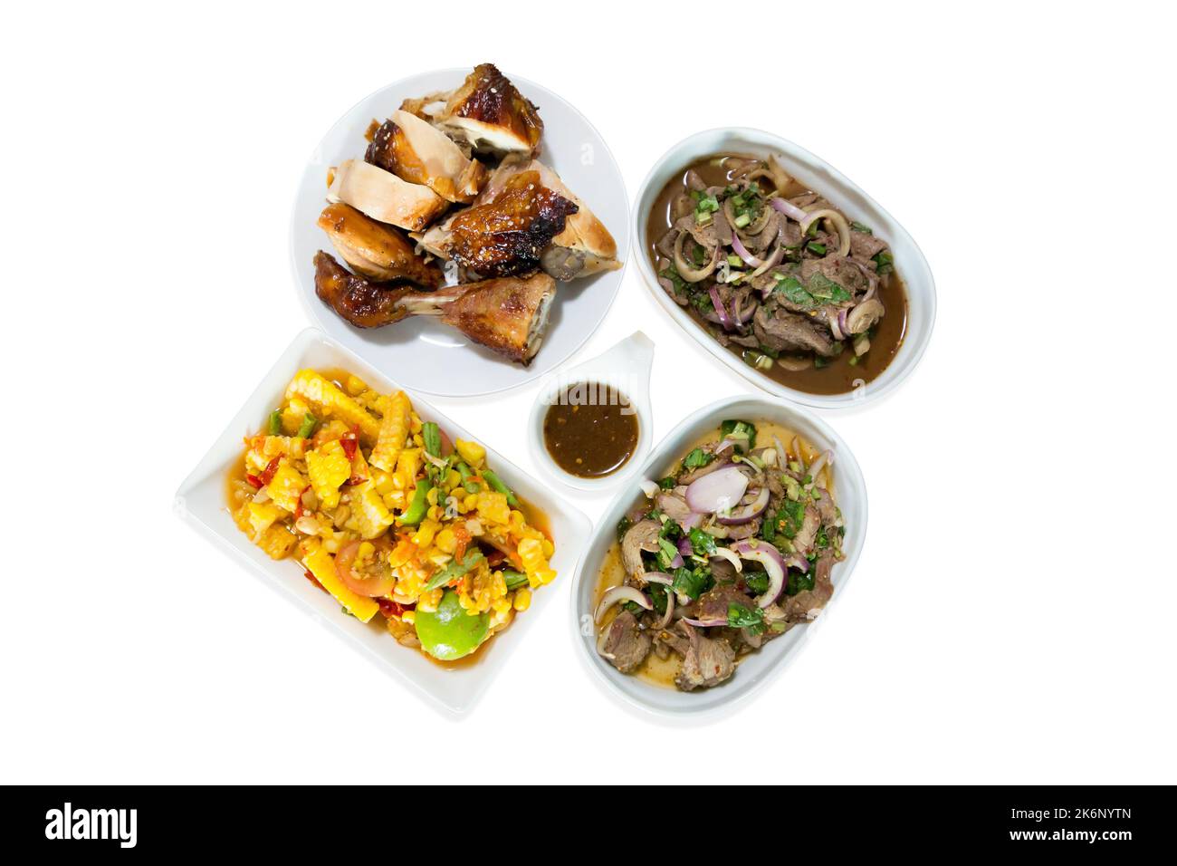 Die cut of Spicy Minced Pork Salad and Northeastern food with grilled ...