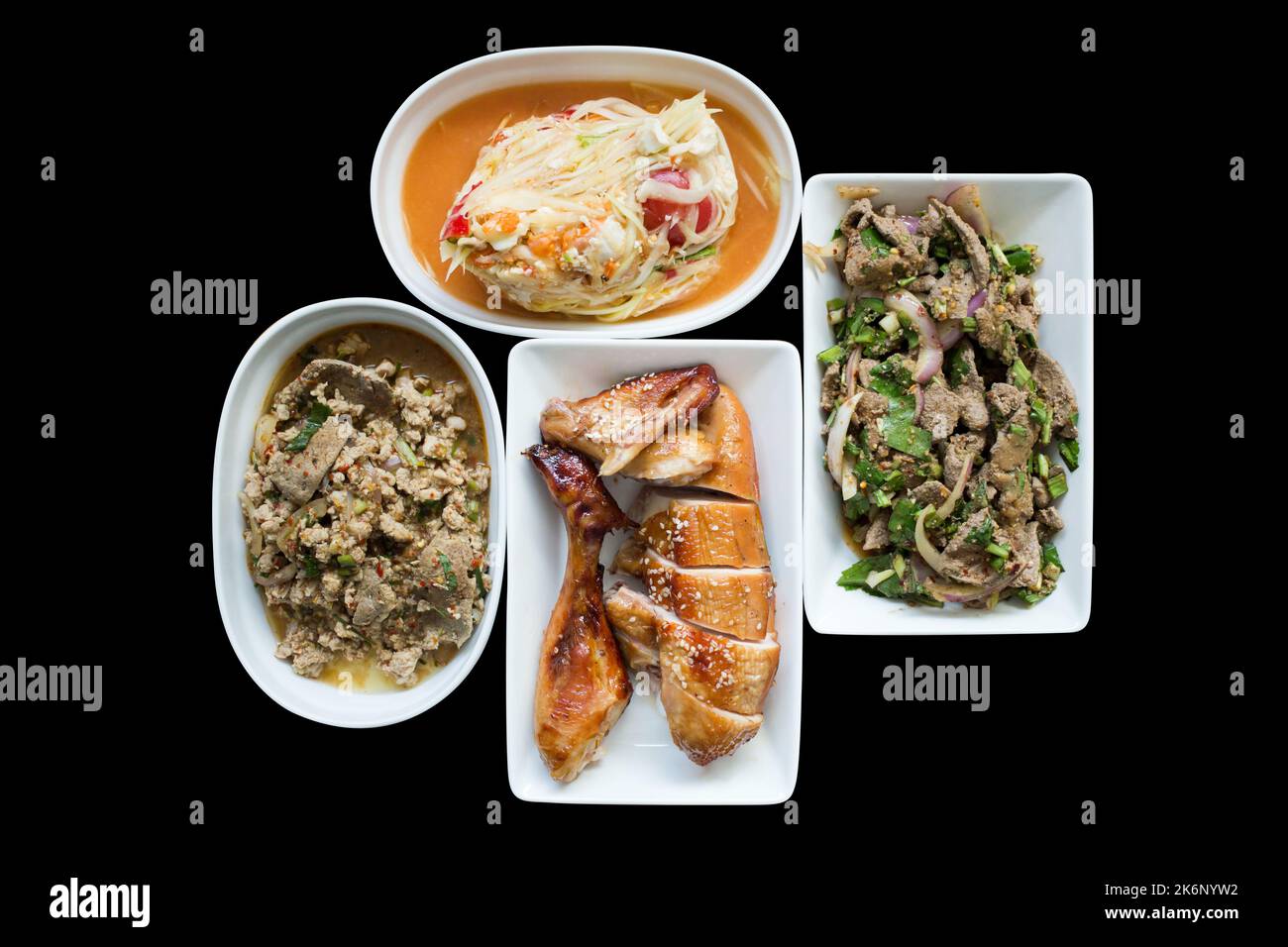 Die cut of Spicy Minced Pork Salad and Northeastern food with grilled ...