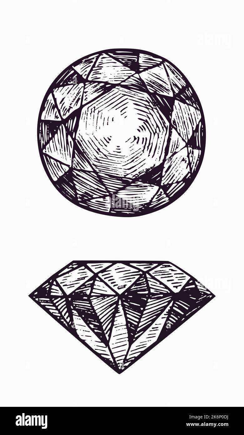 Fine round (Brilliant) gemstone cuts, shape top and side view, simple ...