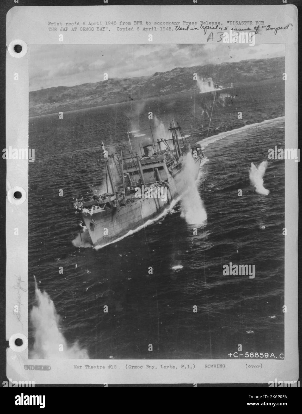 DISASTER FOR JAP CONVOY AT ORMOC BAY--This Japanese vessel, carrying a ...