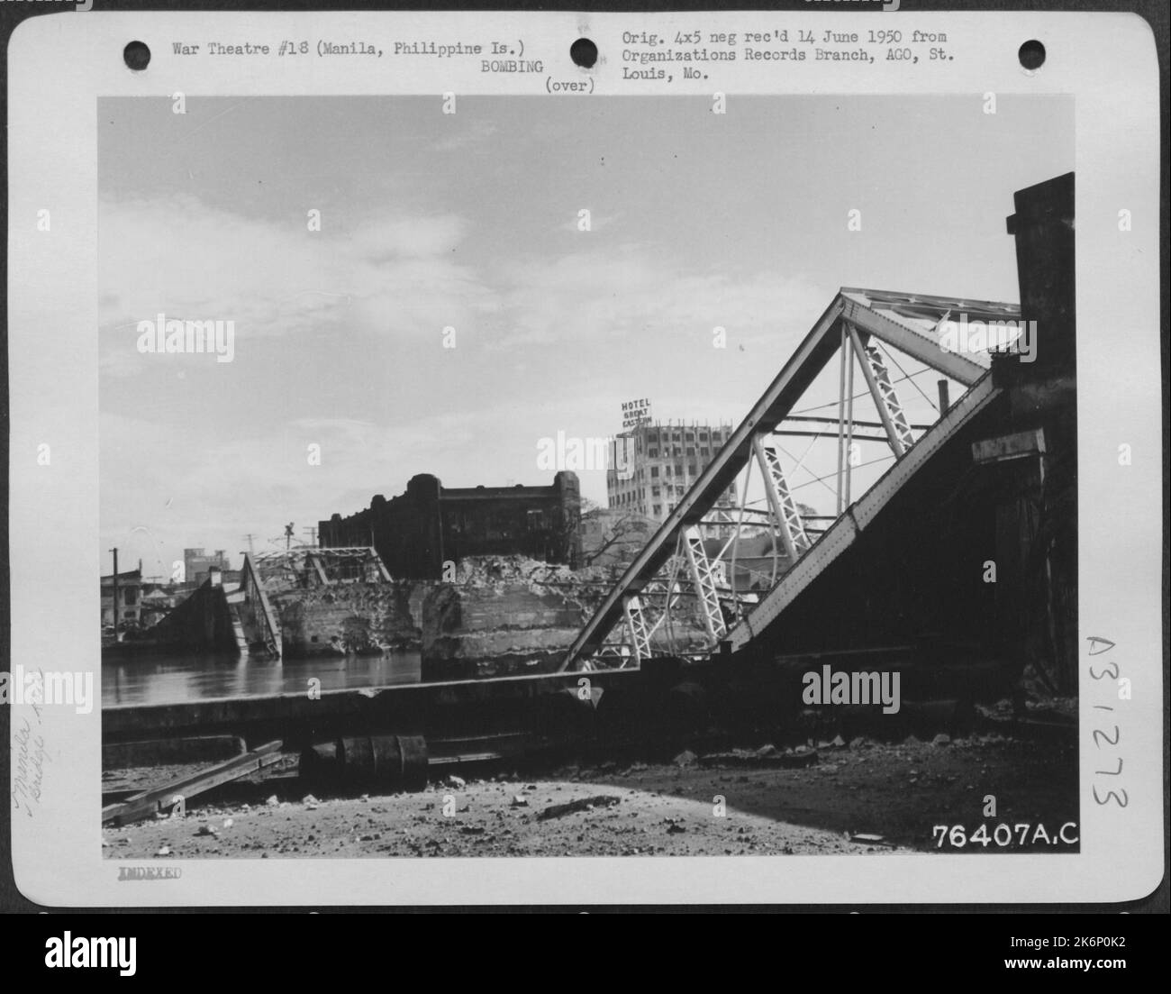 View of a bomb damaged bridge at Manila, Luzon Island, Philippines. 16 ...