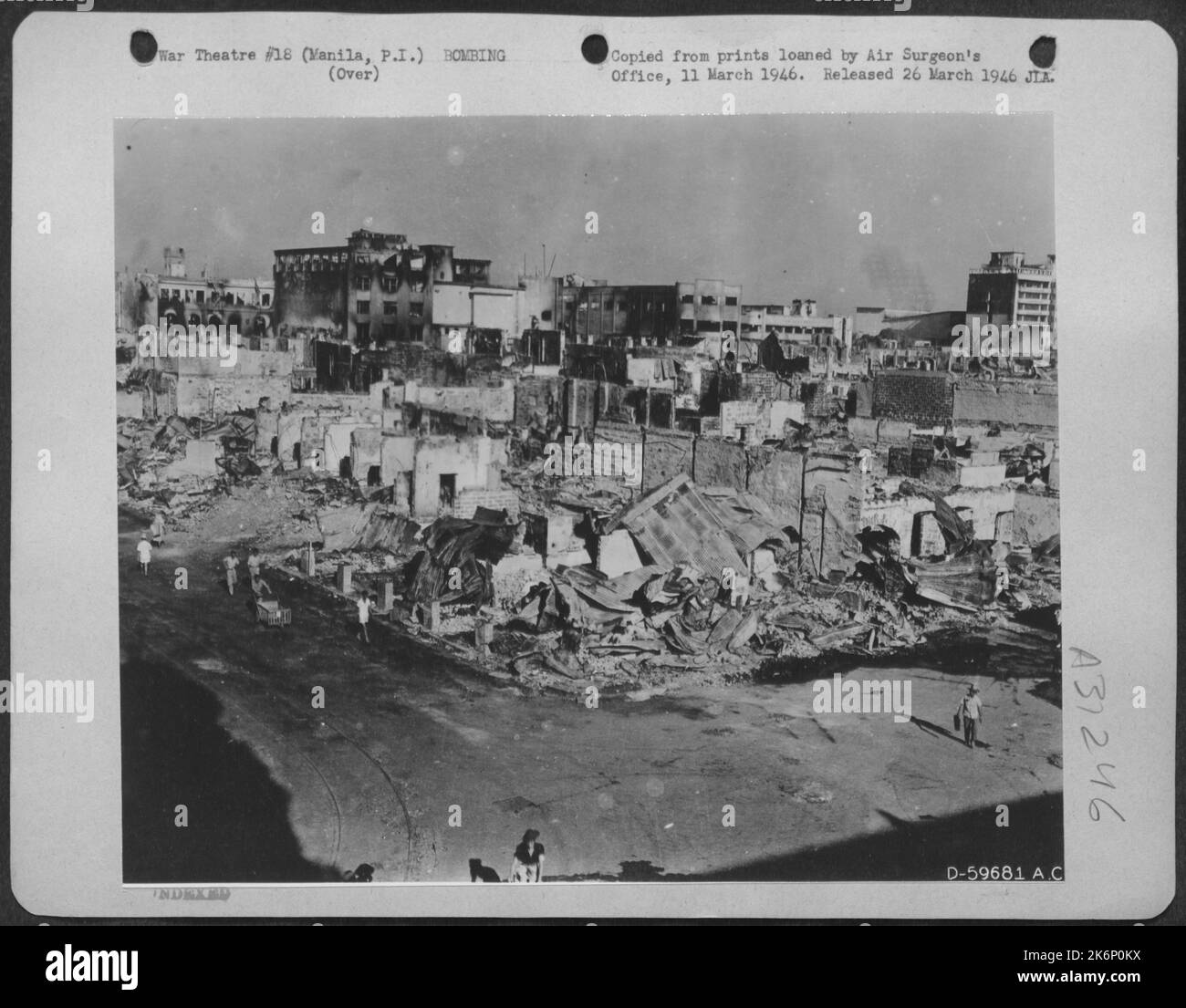 Bomb damage to the downtown section of Manila, Philippine Islands, Feb ...