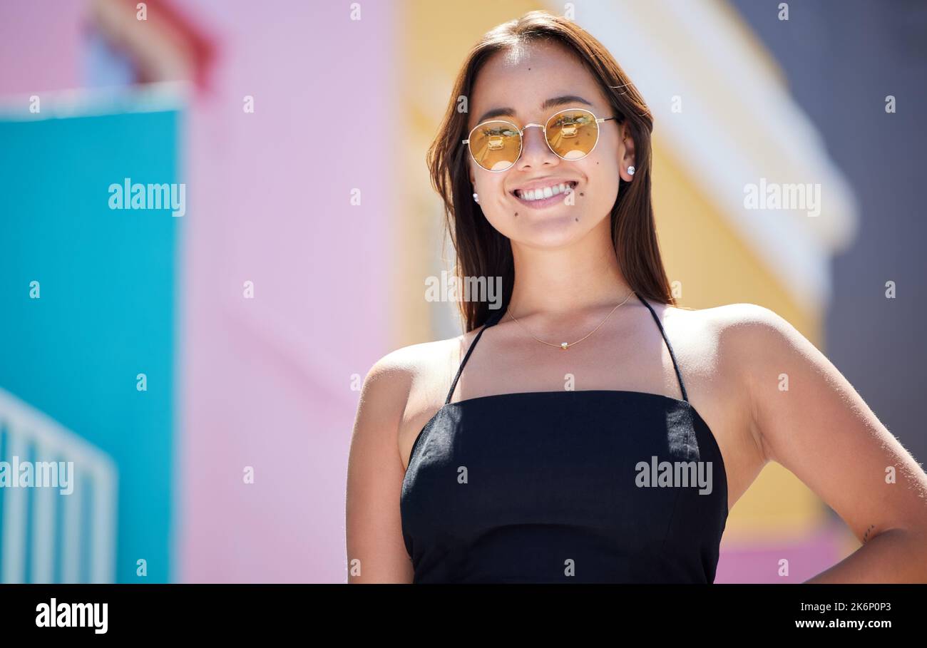 Happy, woman and fashion glasses with smile on summer holiday break in ...