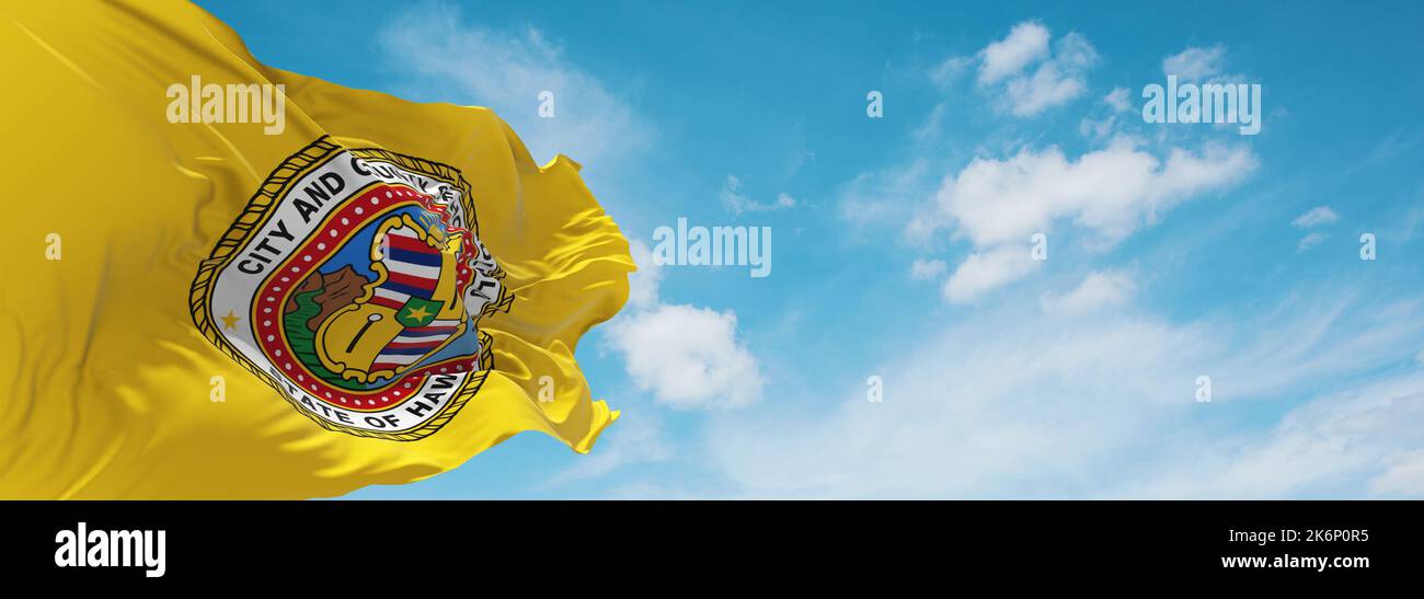 official flag of Honolulu, Hawaii untied states of America at cloudy ...
