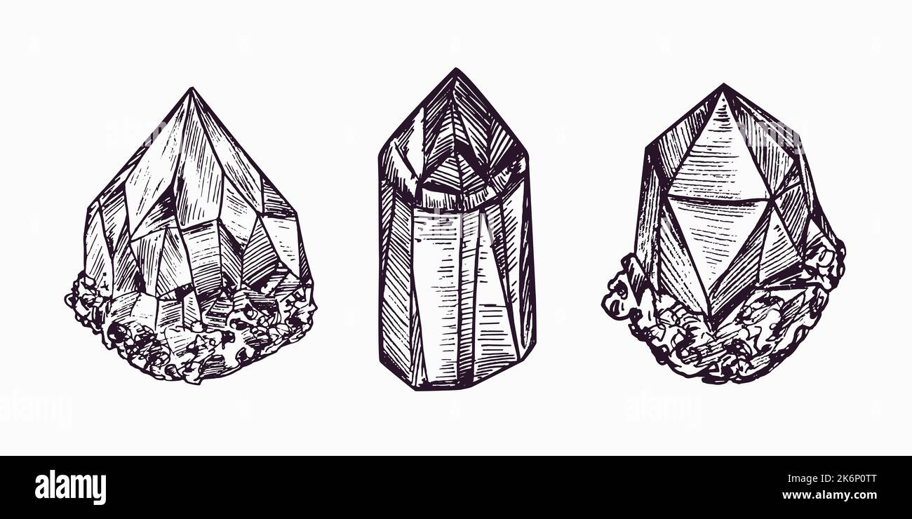 Beautiful crystals collection, simple doodle ink drawing, gravure style ...