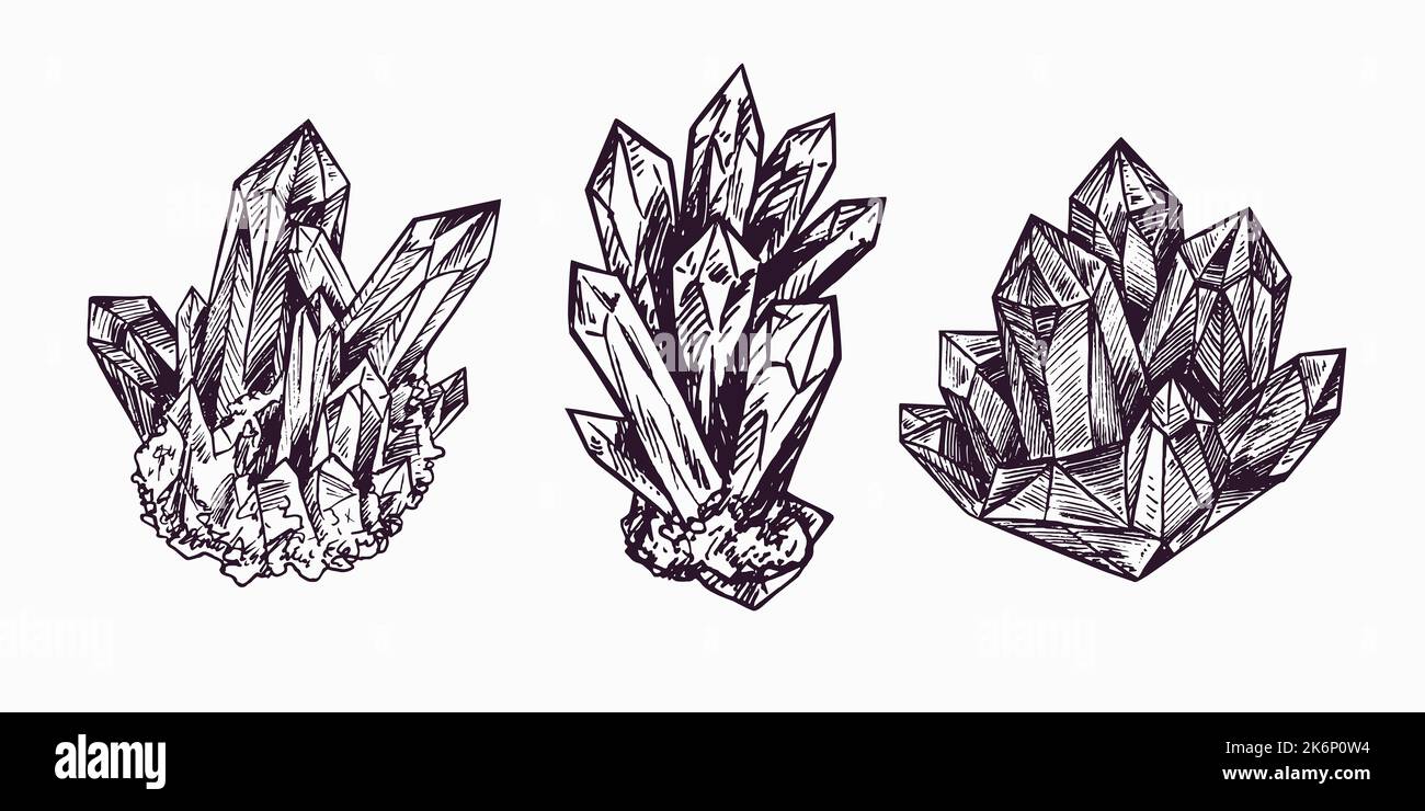 Beautiful crystals collection, simple doodle ink drawing, gravure style ...