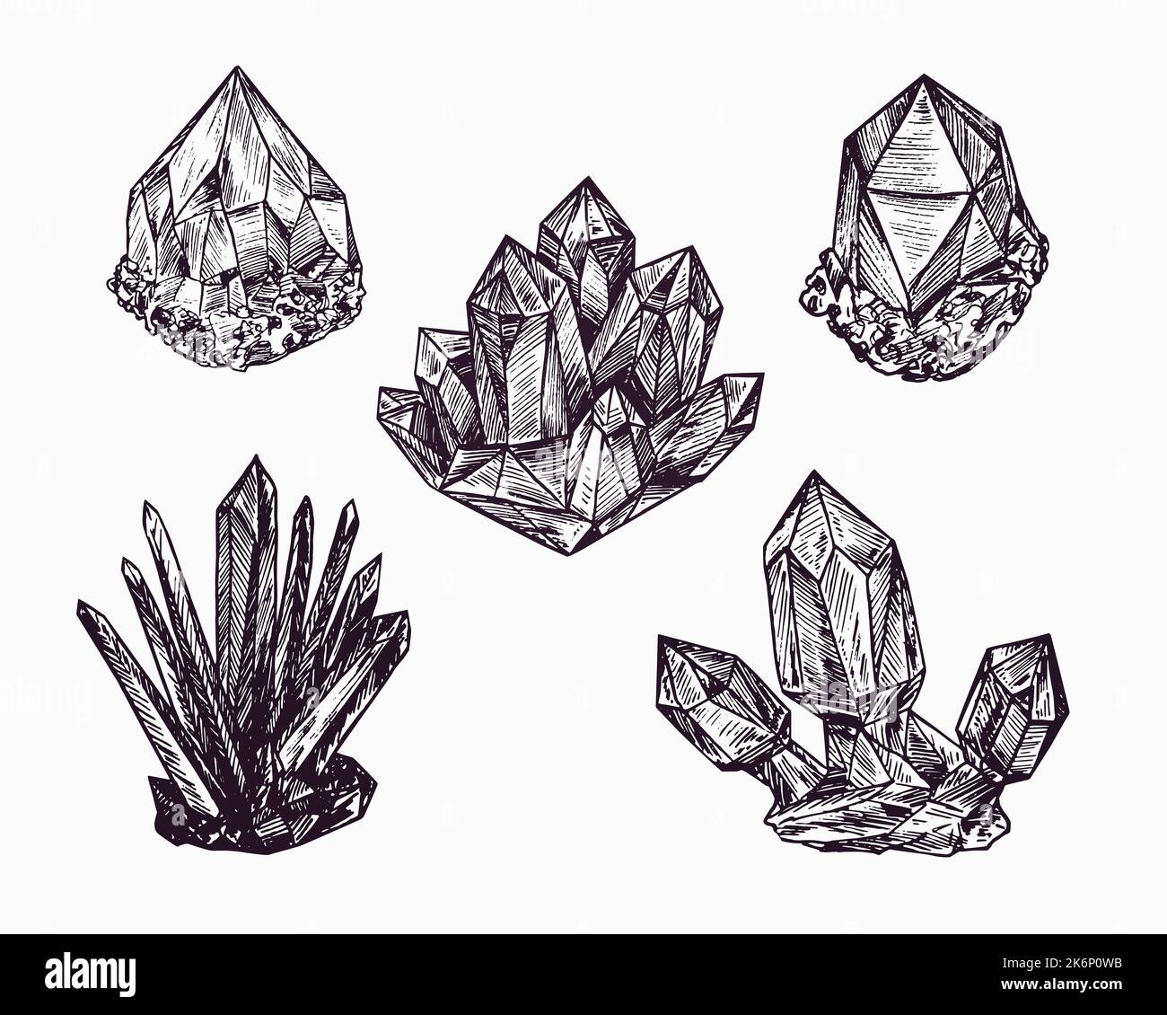 Beautiful crystals collection, simple doodle ink drawing, gravure style ...