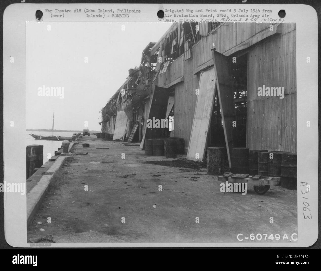 A close-up view of bomb damage to the roof of Pier I, after Allied air ...