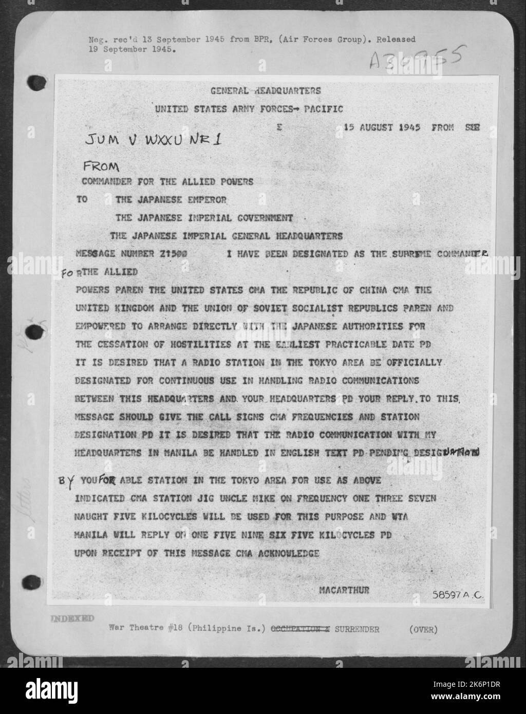MacArthur's message to the Japanese Emperor Stock Photo - Alamy