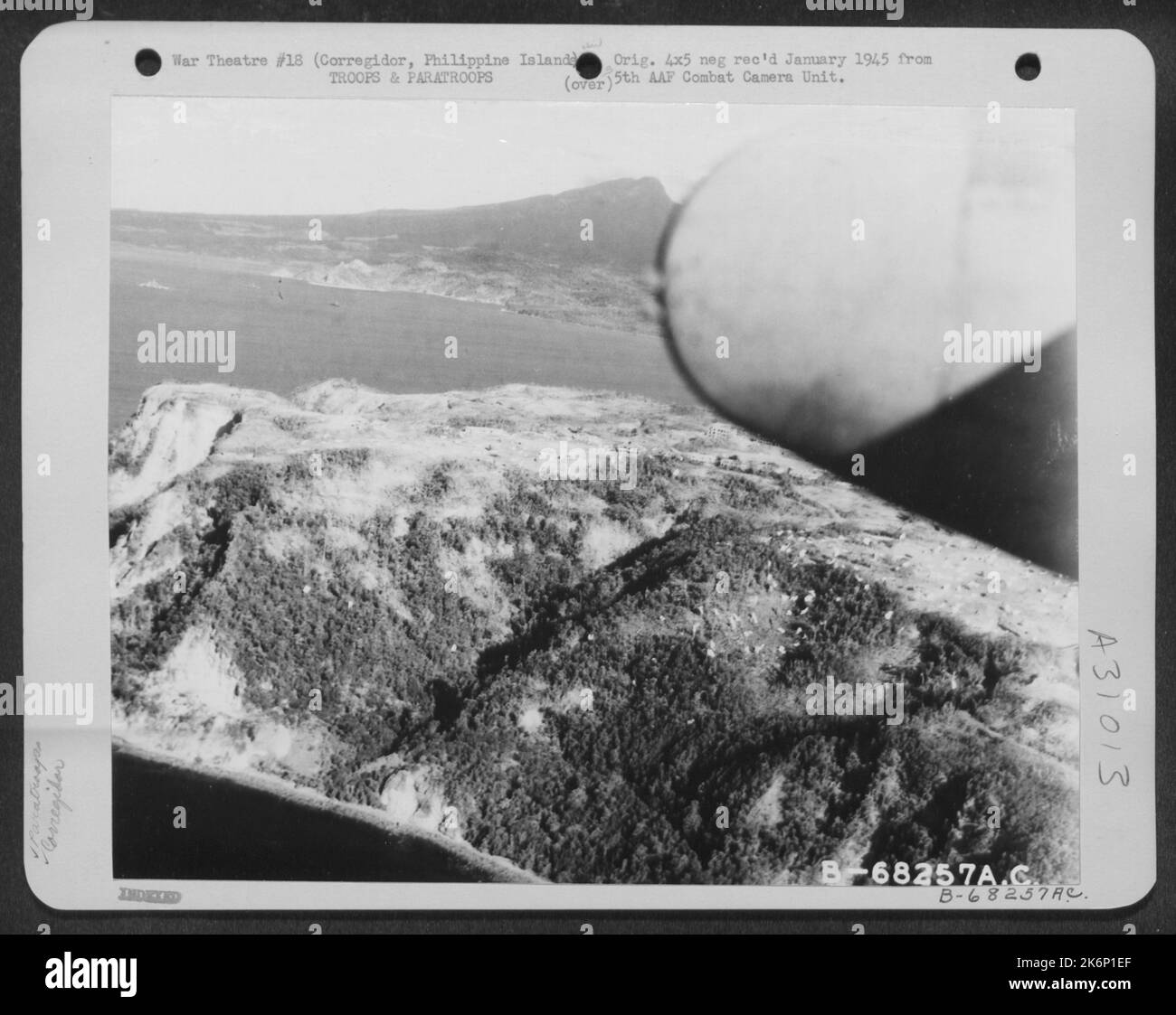 Aerial view of Corregidor, Philippine Islands with chutes in foreground ...