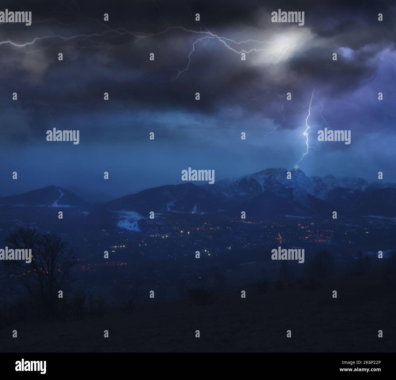 lightning hitting the top of the mountain in Polish peaks Stock Photo ...