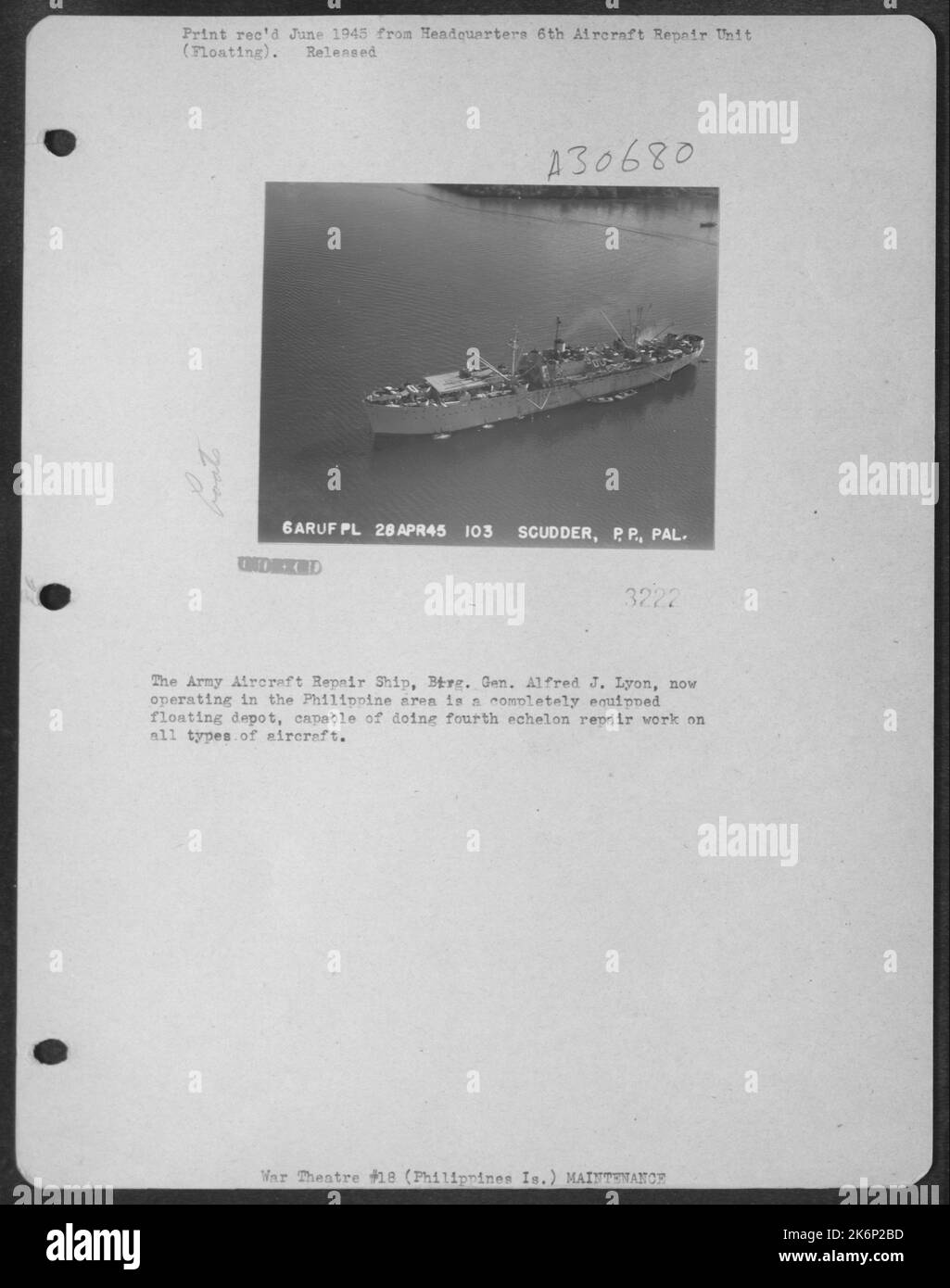 The Army Aircraft Repair Ship, Brig. Gen. Alfred J. Lyon, now operating ...