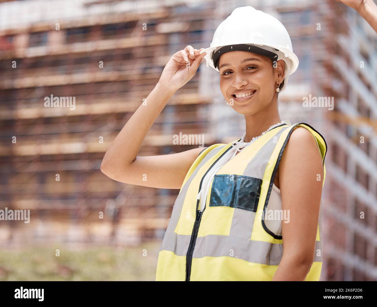 Building, construction site and architect portrait of woman in ...