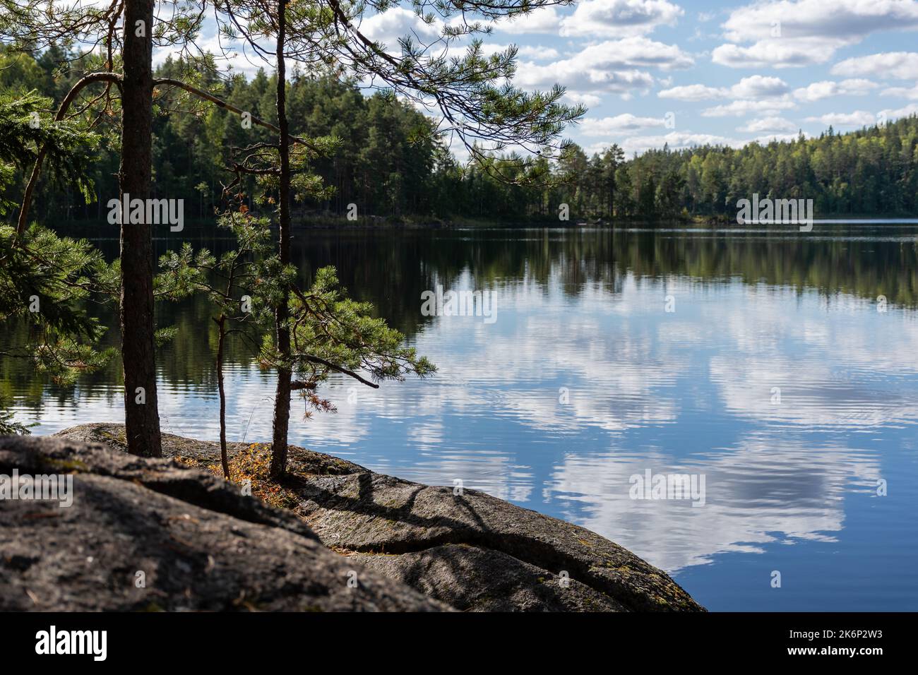Finnish lake view landscape in summer with the reflection on lake and ...