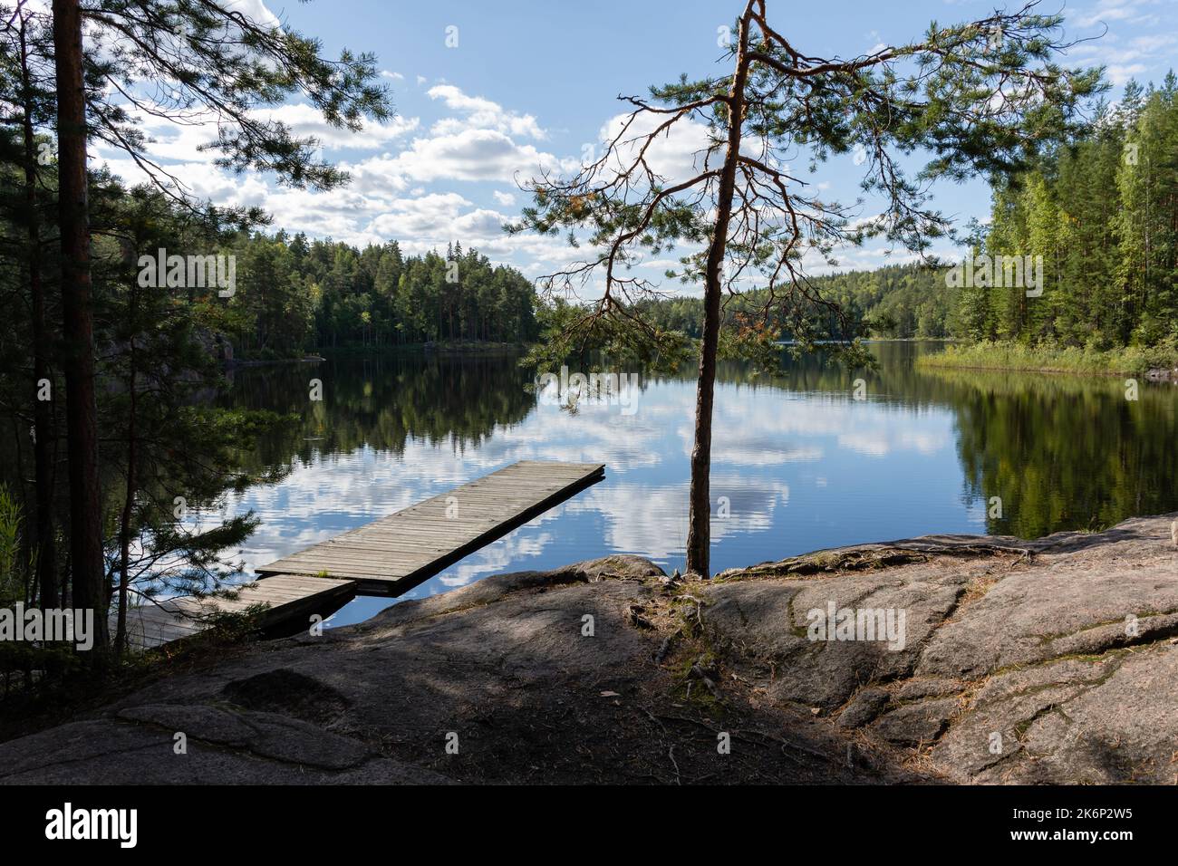 Finnish lake view landscape with a wooden pier in summer with the ...