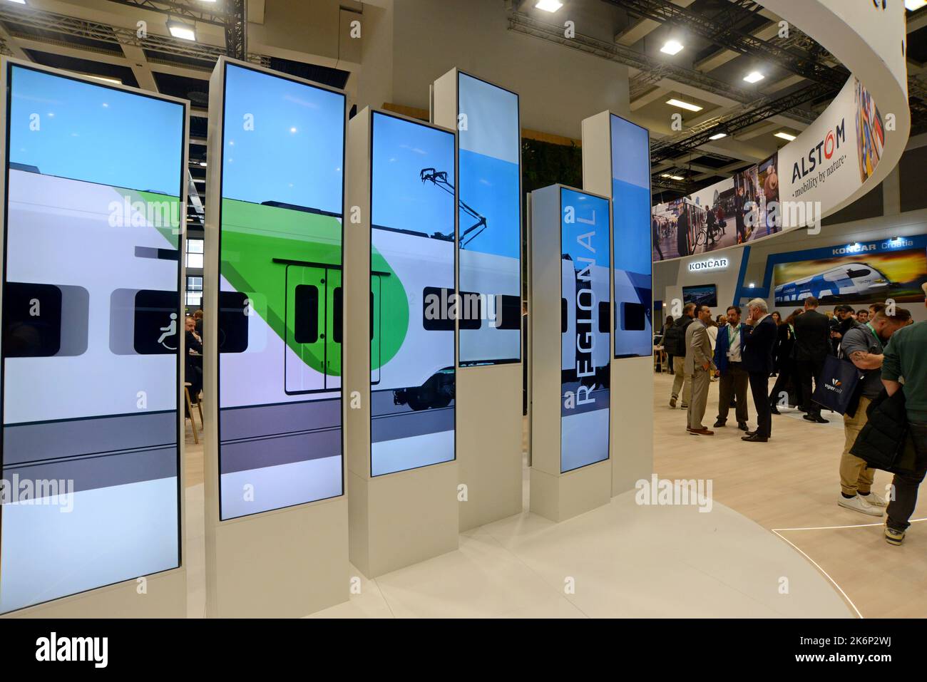 An unusual audio visual graphics display on the Alstom train makers stand at on display at ...