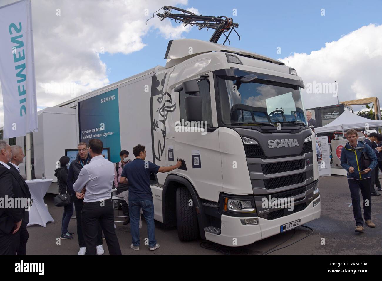 Scania R450 Hybrid diesel electric truck with pantograph for overhead ...