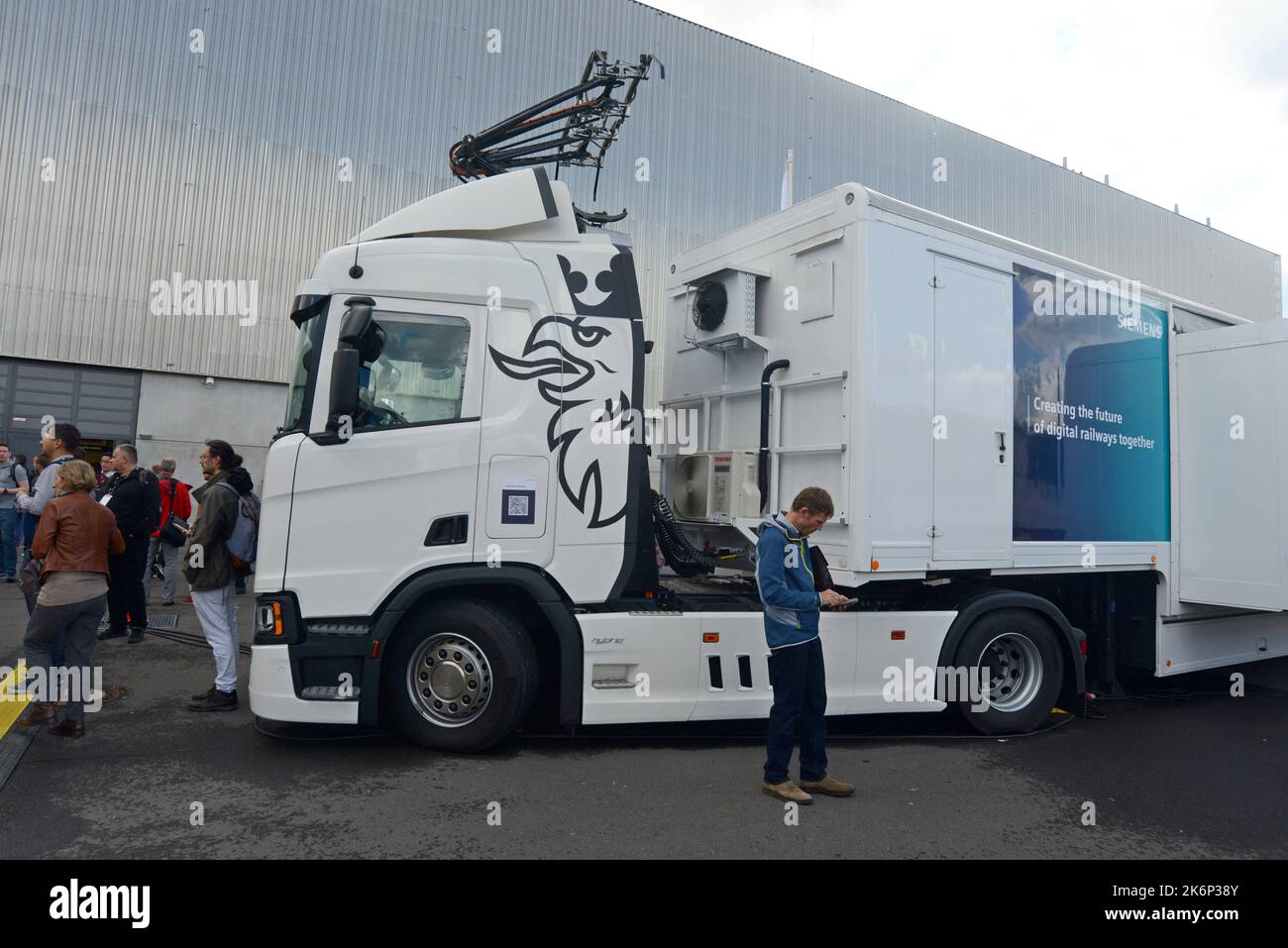 Scania R450 Hybrid diesel electric truck with pantograph for overhead ...