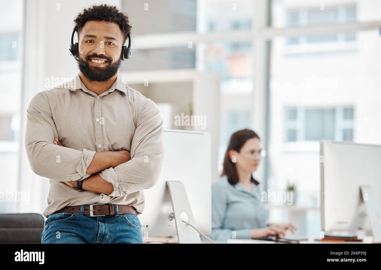 Call center, pride and businessman consulting, working and talking at a ...