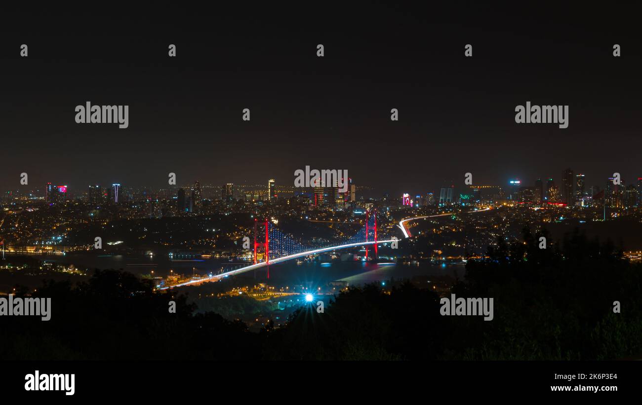 Istanbul night skyline. Bosphorus Bridge and cityscape of Istanbul ...