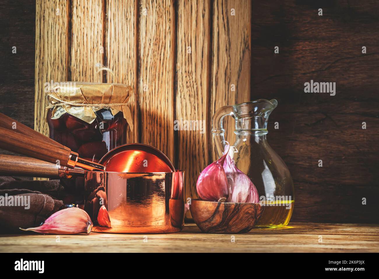 Cooking food background: rustic wood kitchen table, cutting board ...