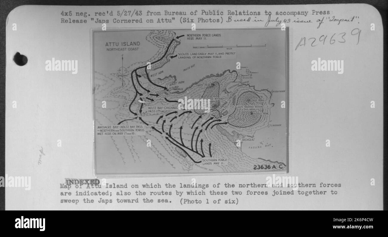 Map of Attu Island on which the landings of the northern and southern ...