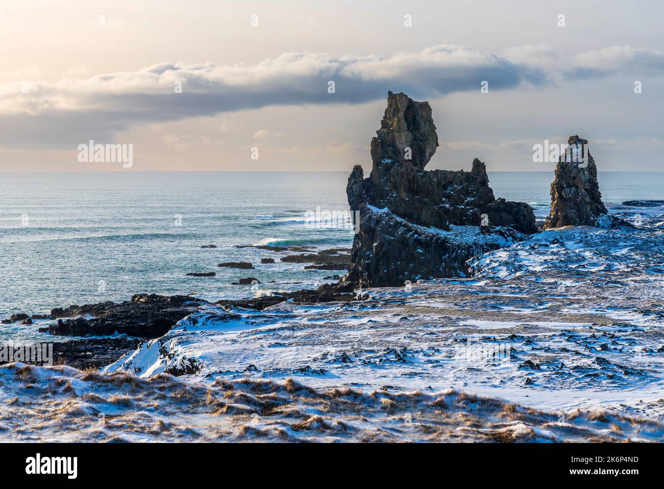 Londrangar, bird rock and the surrounding basalt cliffs, Snaefellsnes ...