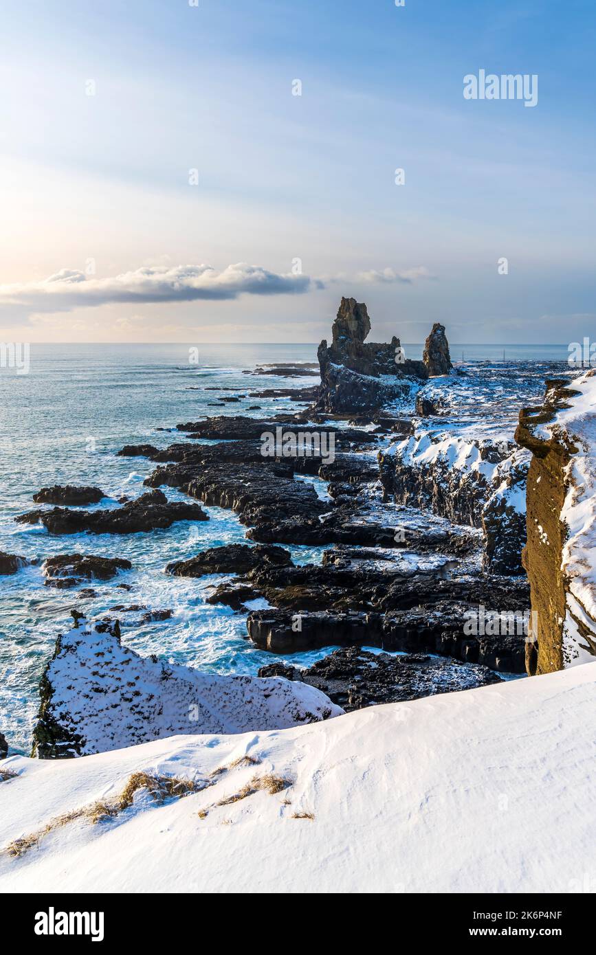 Londrangar, bird rock and the surrounding basalt cliffs, Snaefellsnes ...