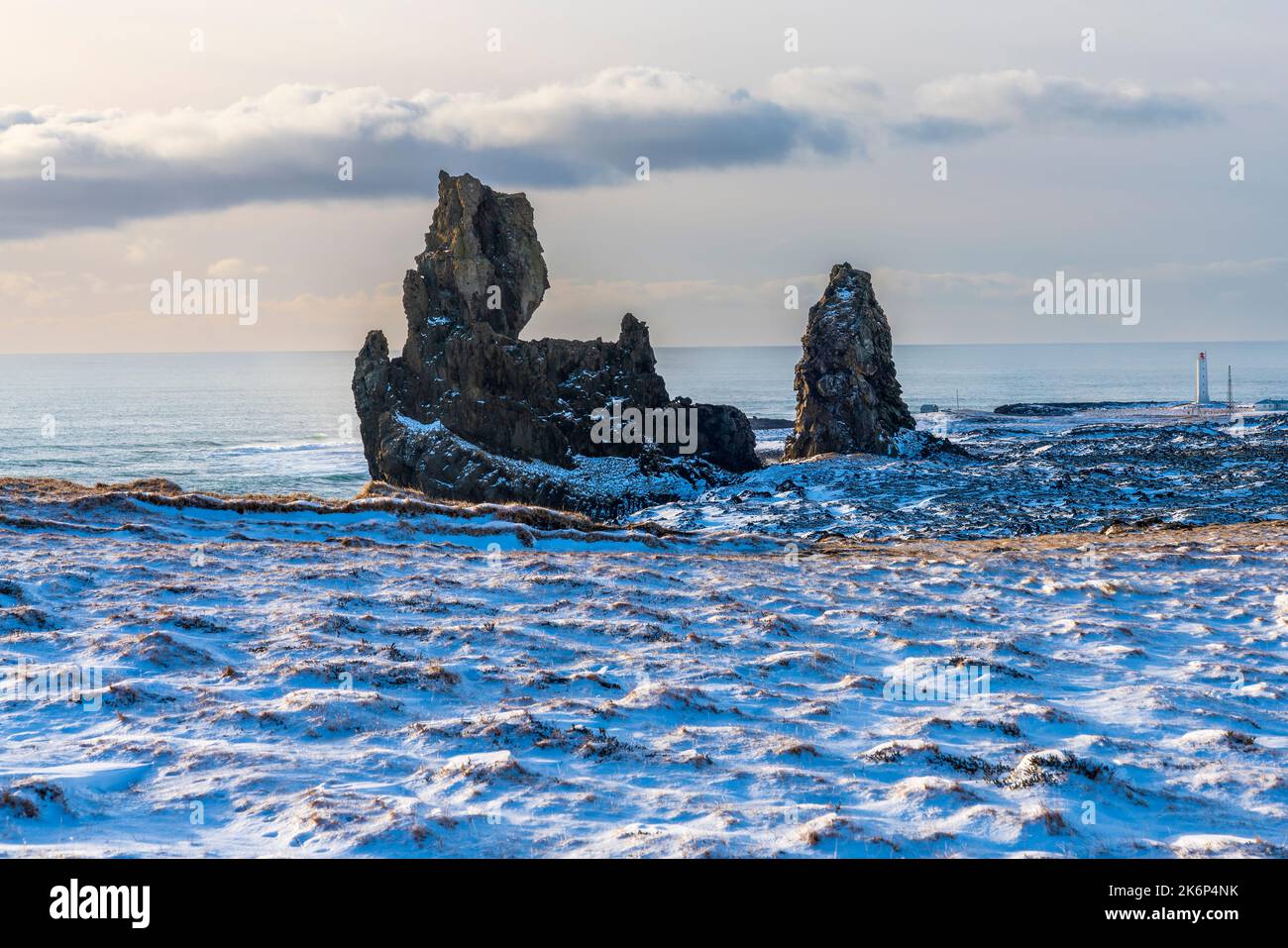 Londrangar, bird rock and the surrounding basalt cliffs, Snaefellsnes ...