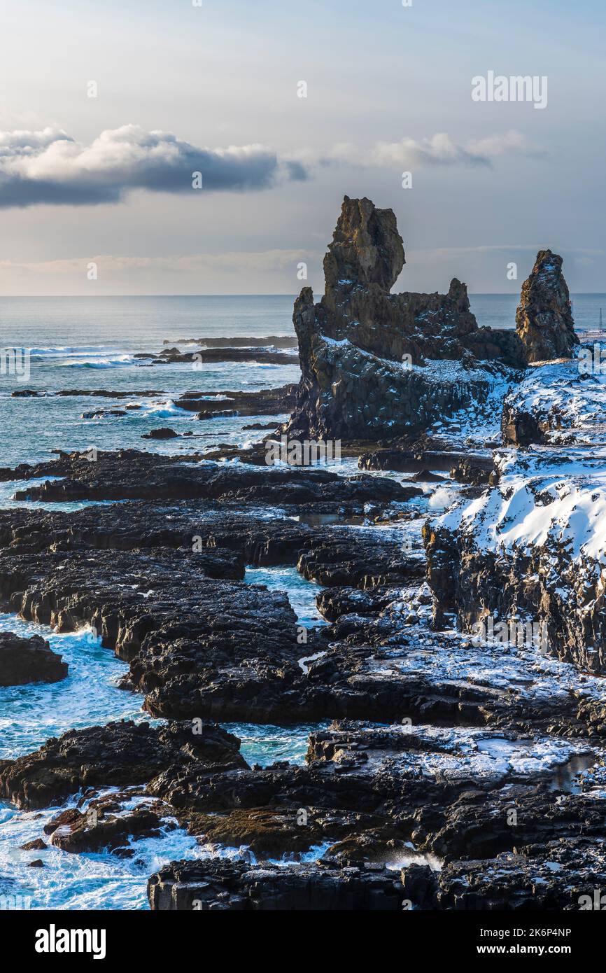 Londrangar, bird rock and the surrounding basalt cliffs, Snaefellsnes ...