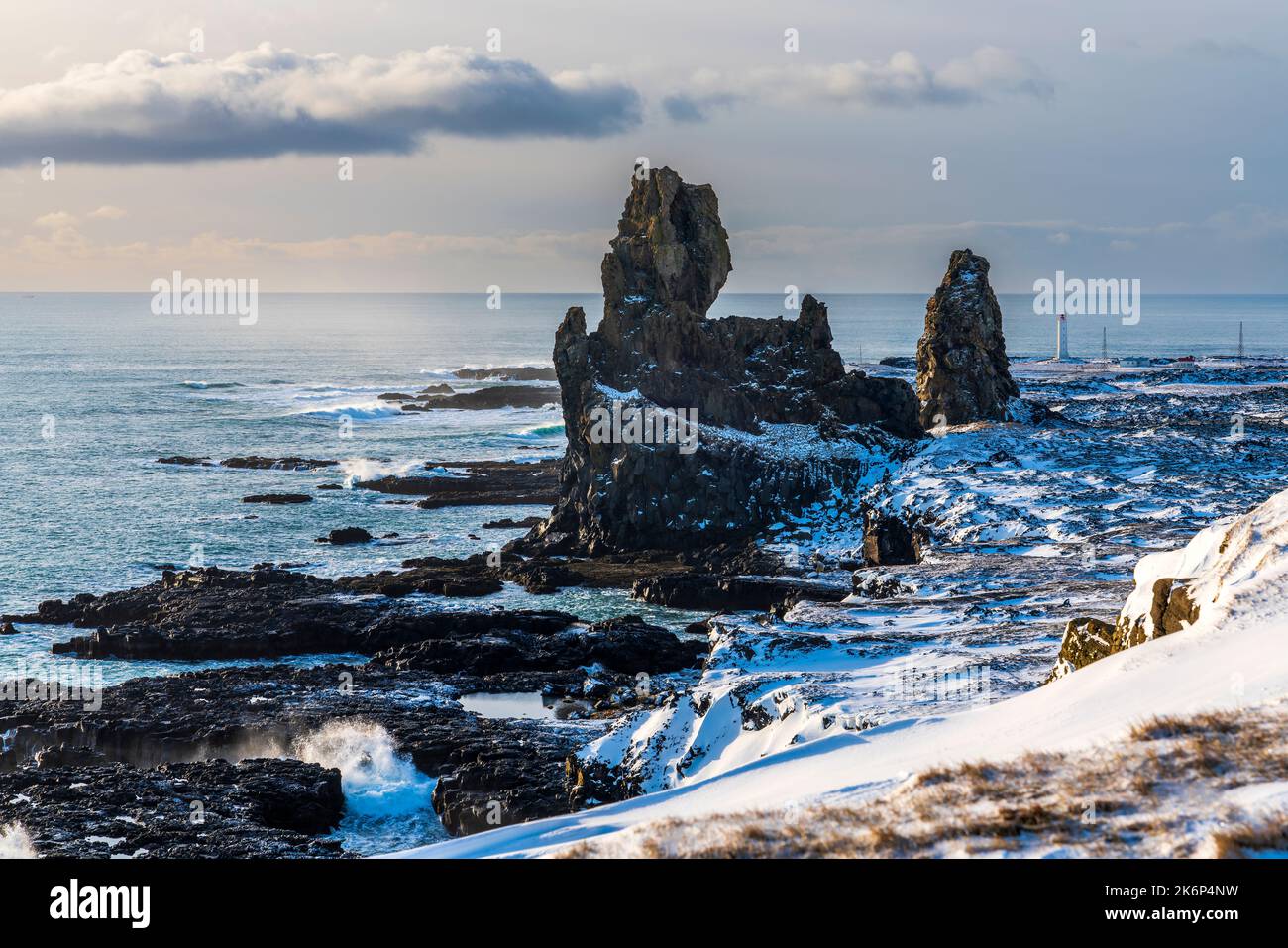 Londrangar, bird rock and the surrounding basalt cliffs, Snaefellsnes ...