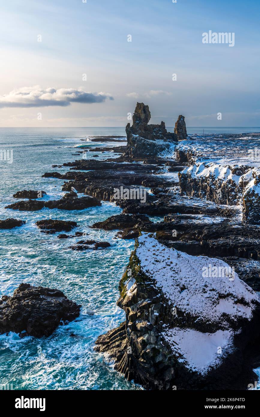 Londrangar, bird rock and the surrounding basalt cliffs, Snaefellsnes ...