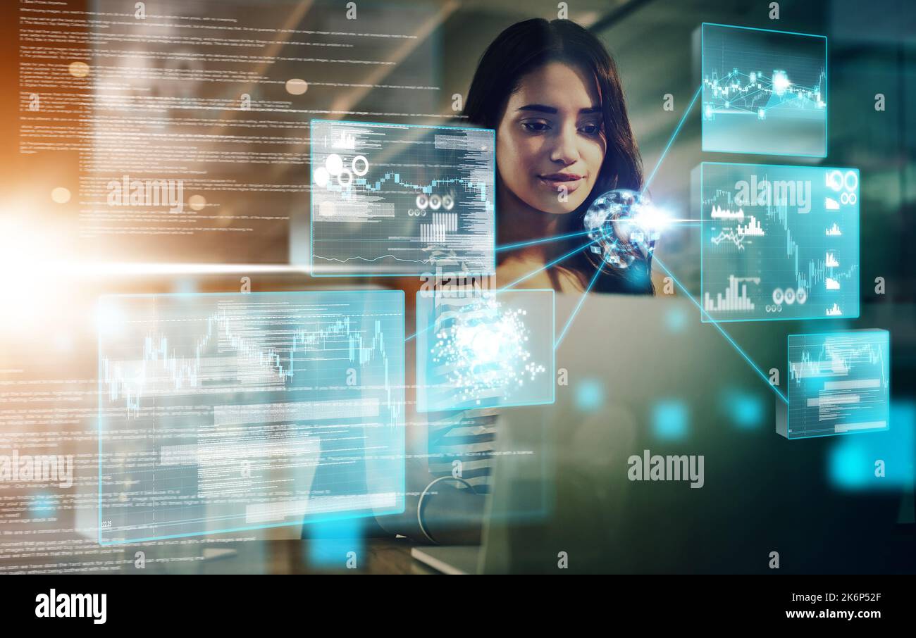 Overlay, finance stock market hologram or woman and futuristic ...