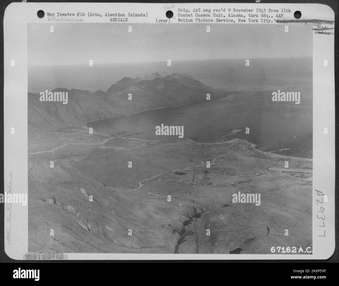 Aerial view of the Massacre Bay Area, taken 20 September 1943, from an ...