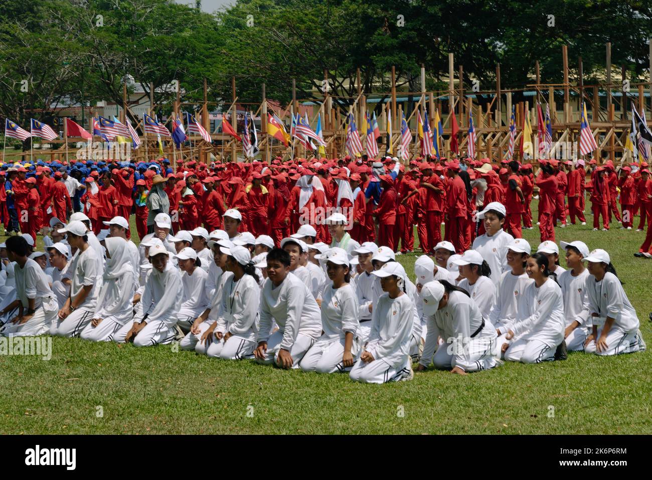 School children with Malaysian flags gathering to practive for Merdeka ...