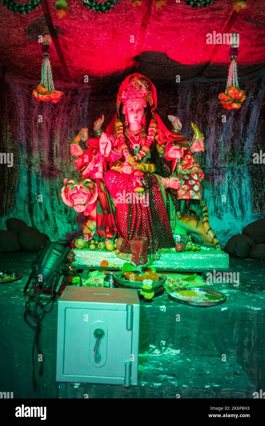 A beautiful idol of Maa Durga being worshipped at a mandal in Mumbai ...