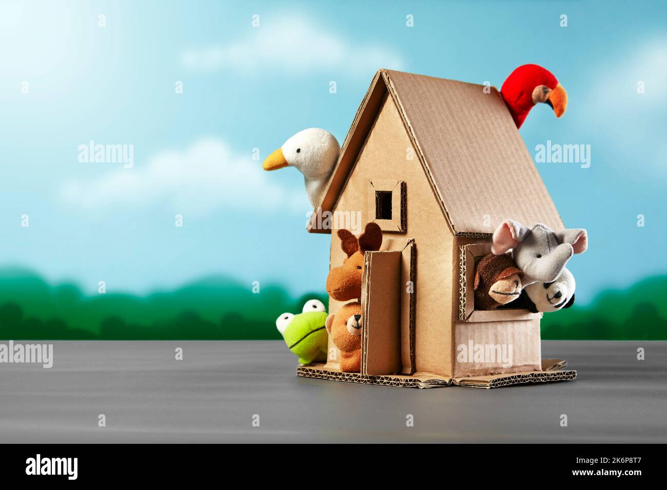 Animal finger puppets cardboard houses with trees illustration ...