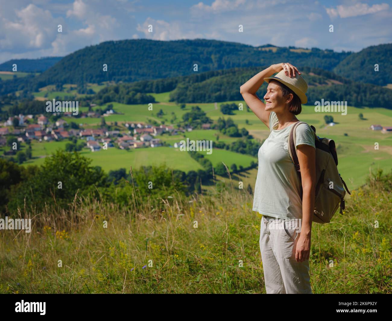travel to summer Europe young asian woman. observation point above the ...