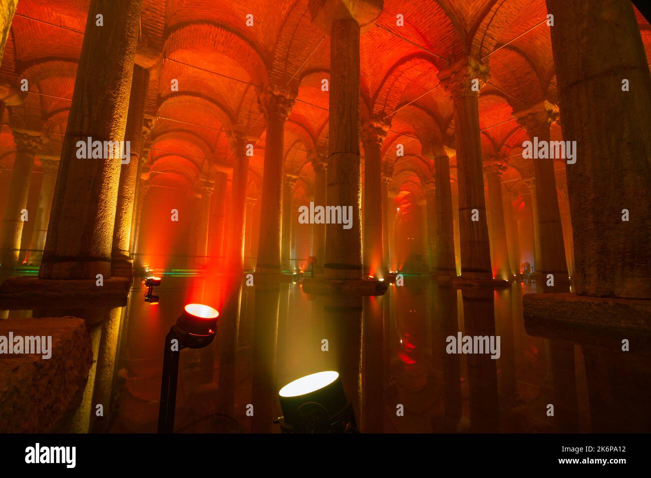 Columns and vaults of the Basilica Cistern. Wide angle view of Basilica ...